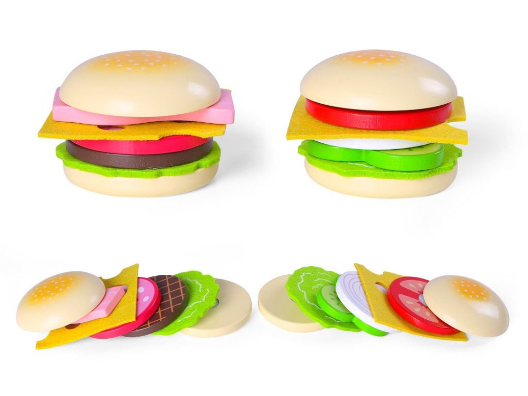 2 Wooden Burgers, Wooden Food, Wooden Toys, Wooden Kitchen, Toy Food ...