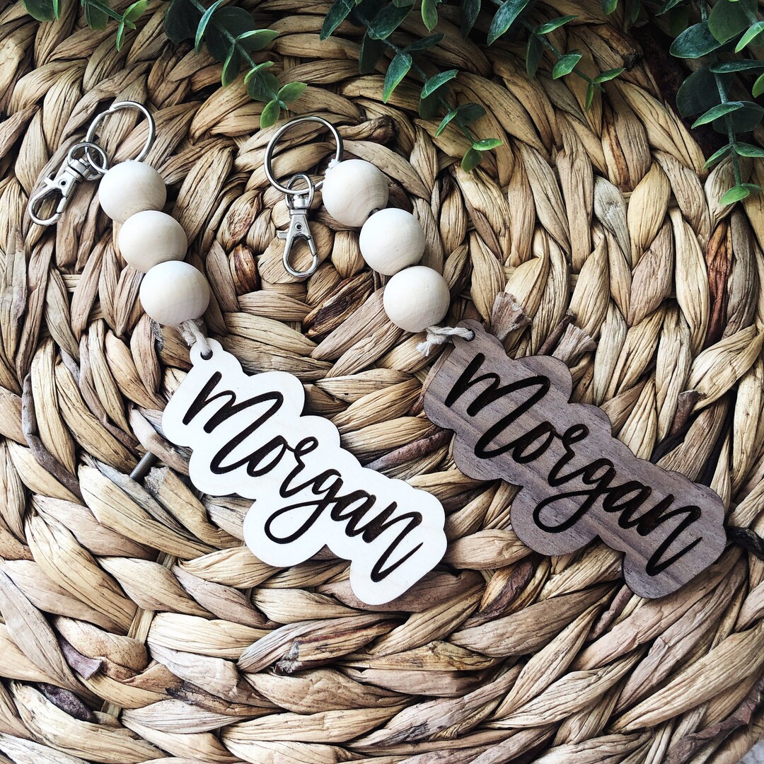 Personalized Engraved Wooden Name Keychain, Wooden Beads Keychain, Name ...