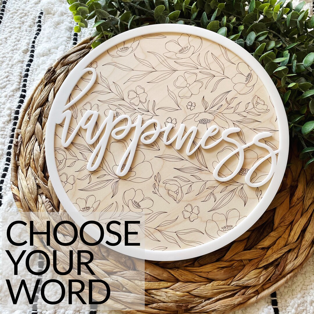 Floral Wood Word Sign, Personalized Sign, Happiness Sign, Floral Sign ...