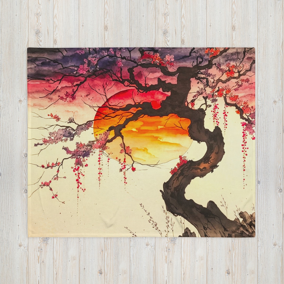Japanese Style Polyester Throw Blanket, Gorgeous Cherry Blossoms With ...