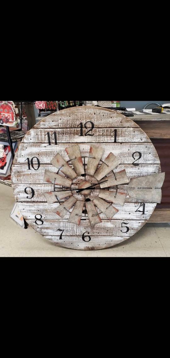 White Farmhouse Rustic Windmill Spool Clock Windmill Clock - Etsy
