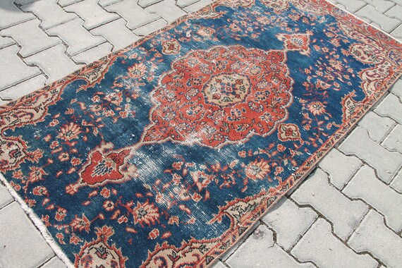 Vintage Blue Rug 2.7 X 5.5 Ft Rug Wool Area Rug Handmade - Etsy