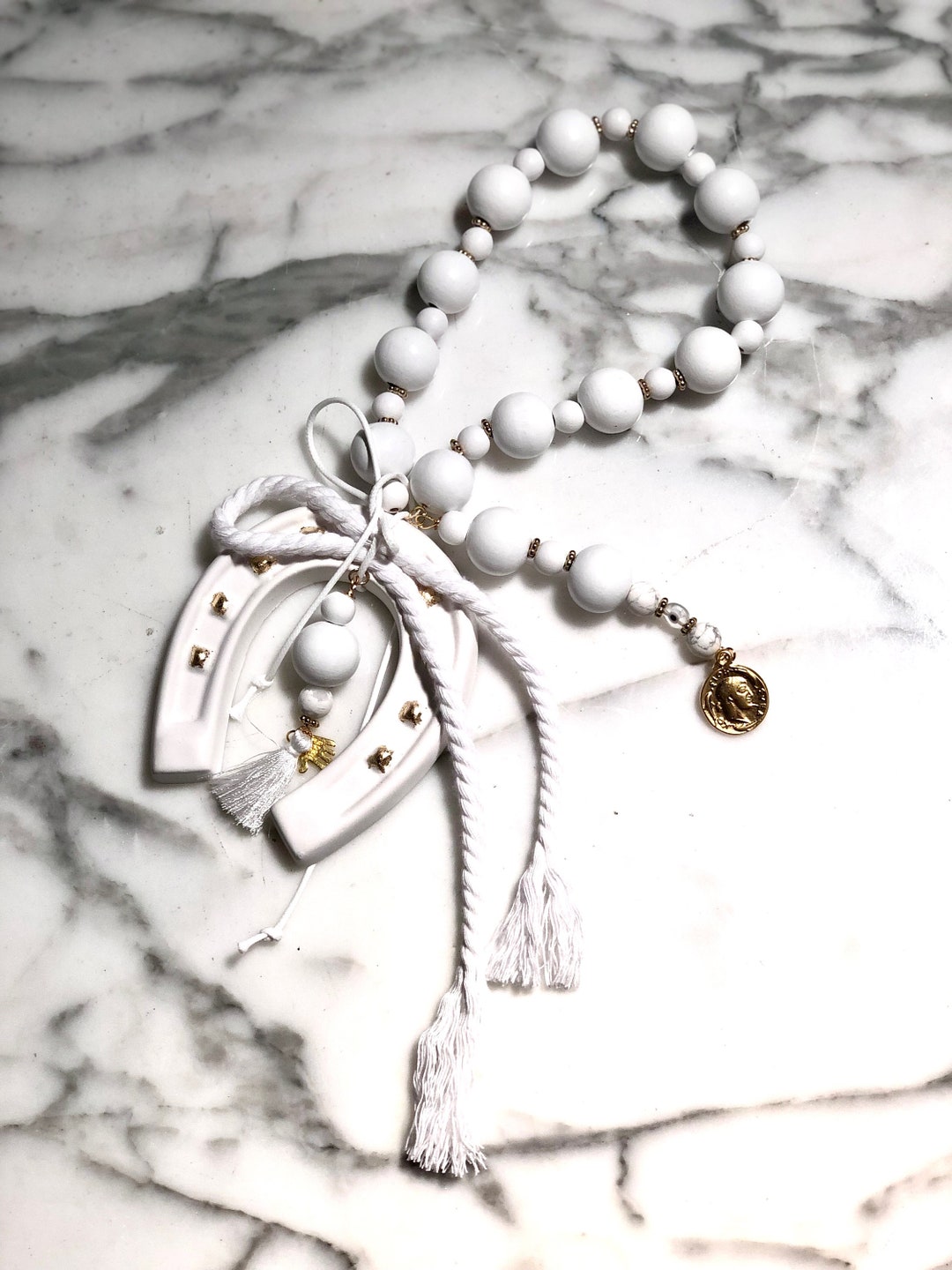 Horseshoe GARLAND Good Luck Home Decor - White Wood Bead, Ancient Greek ...