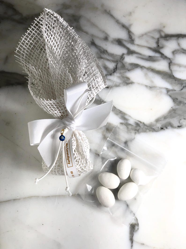 Bulk Party Favor Jordan Almonds - Evil Eye Charm, Fabric Pouch, Greek ...