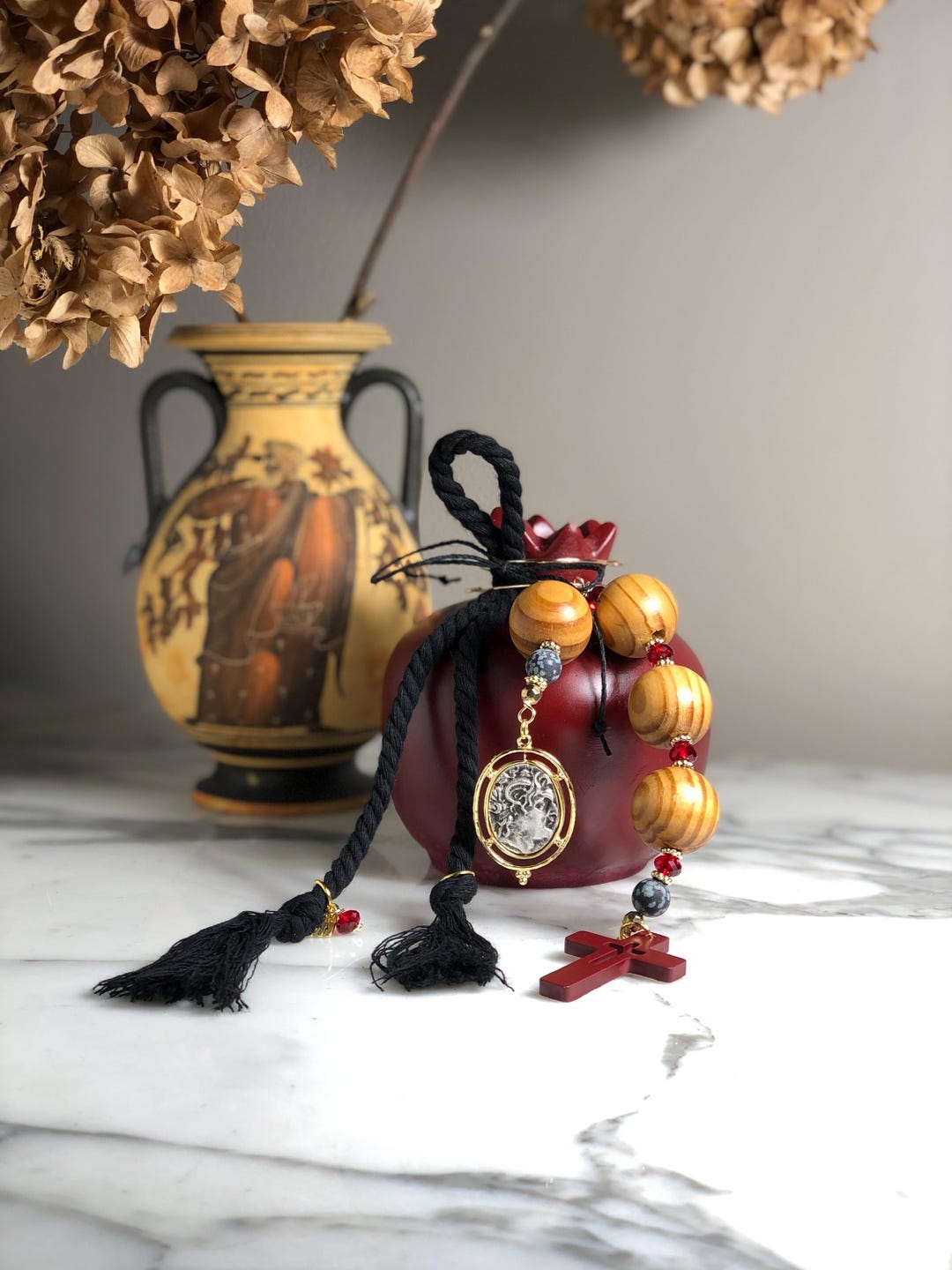 Olive Wood POMEGRANATE RODI Alexander the Great Coin, Cross - Medium ...