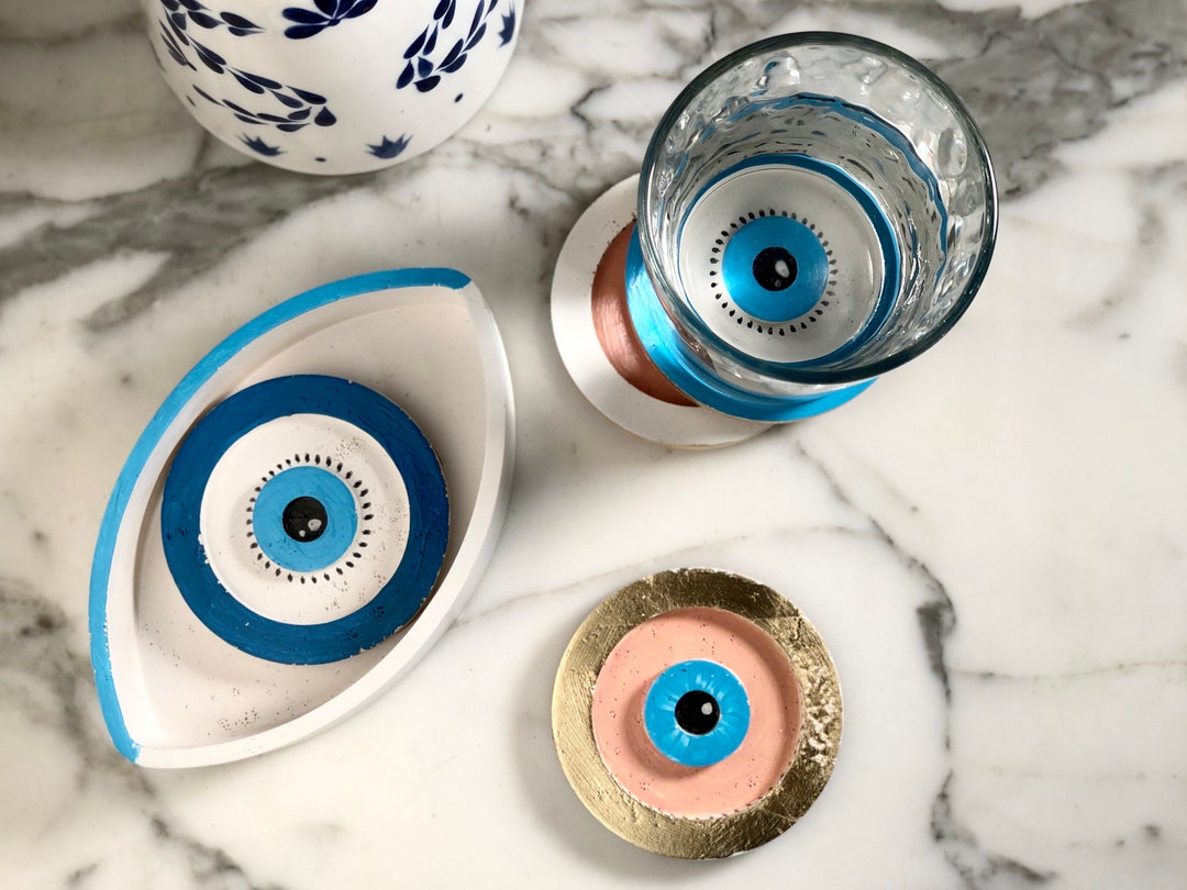 EVIL EYE Coaster Set of 4 - Handpainted, Gold Leaf, Resin, Cement ...