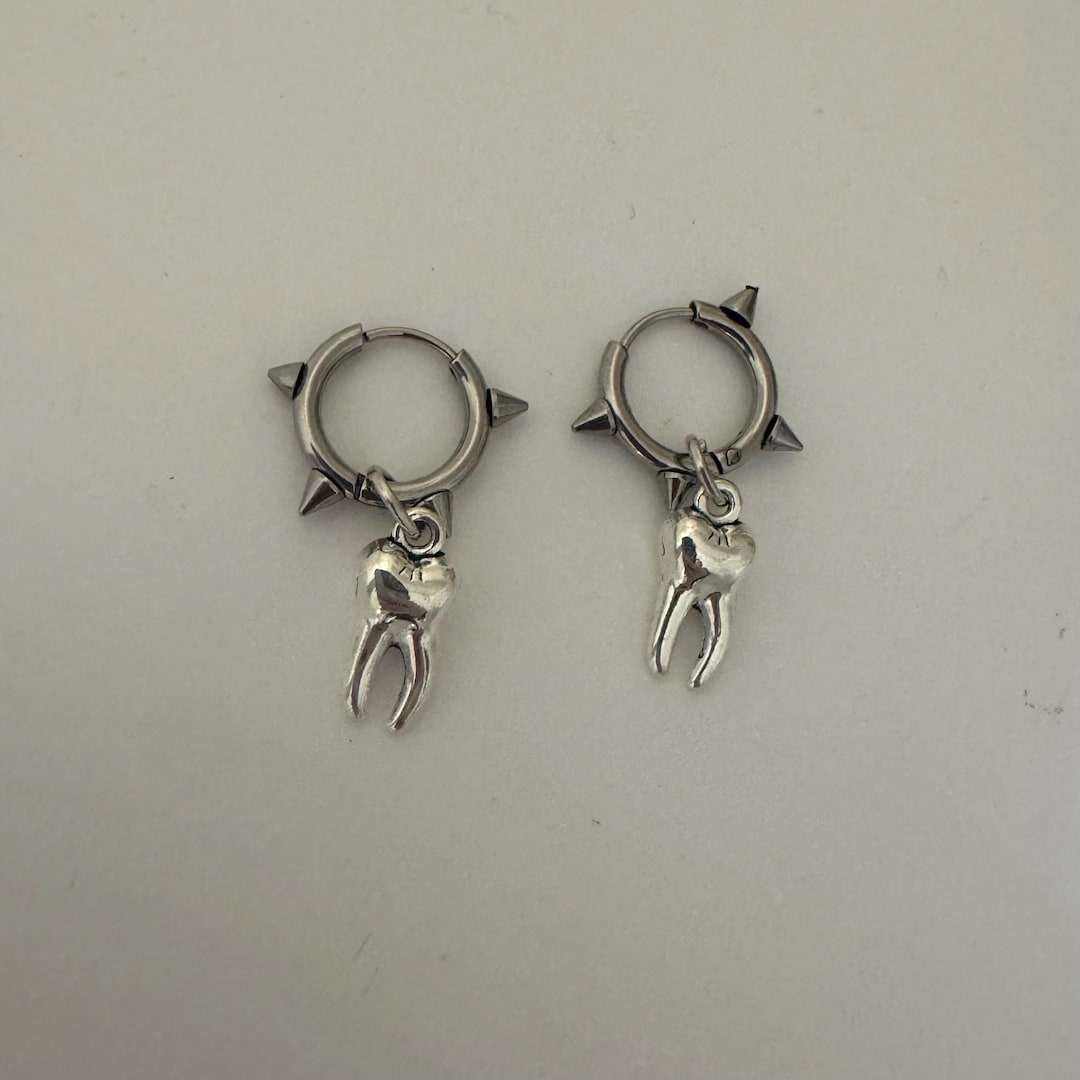 Tooth Earrings - Silver Studded Goth Teeth Y2K Gifts - Hoop Huggies ...