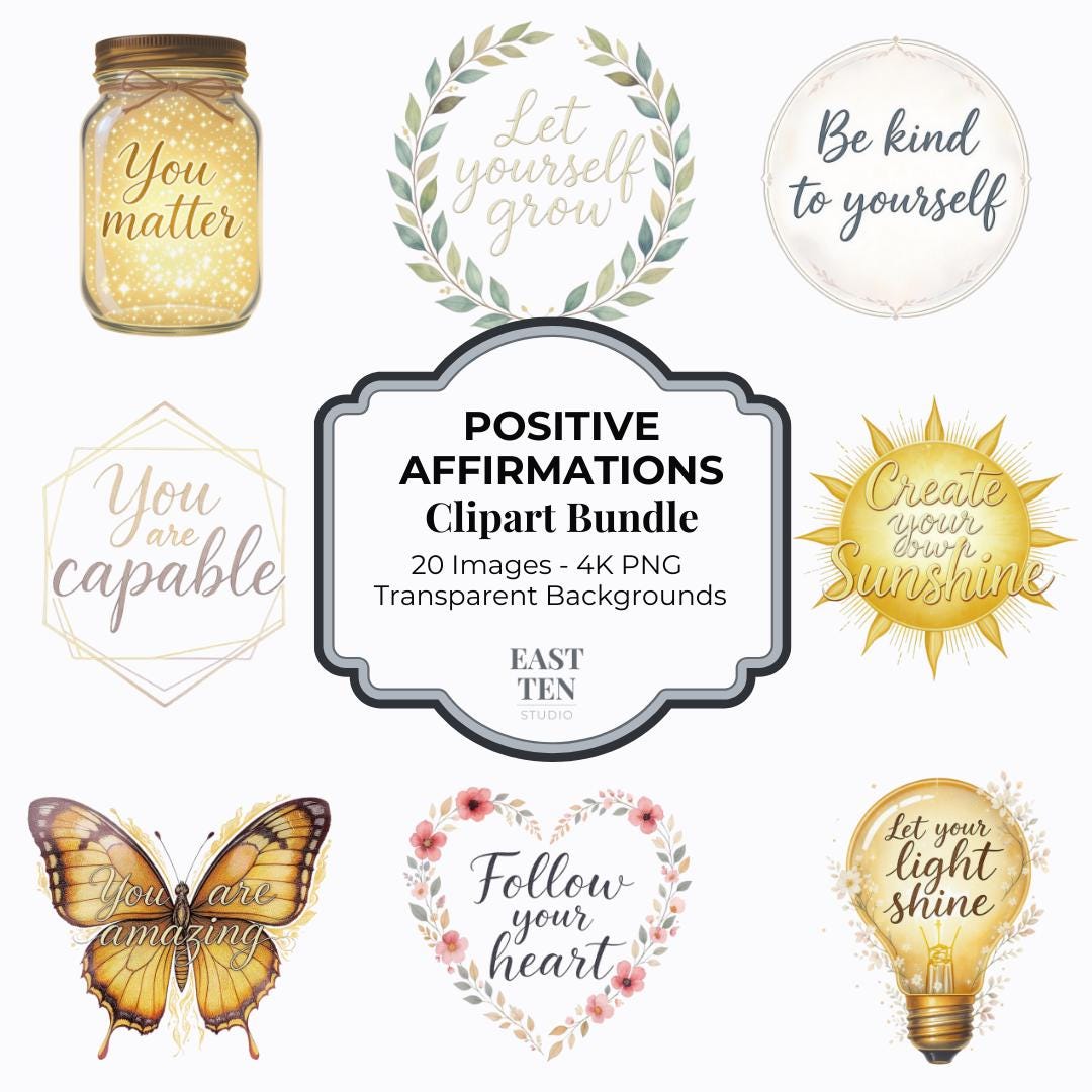 Affirmation Quote Clipart Bundle, 20 Positive Typography Illustrations ...