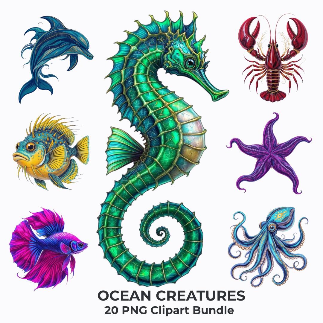 Ocean Life Clipart Bundle, Sea Creatures Illustration Set, 20 PNG ...