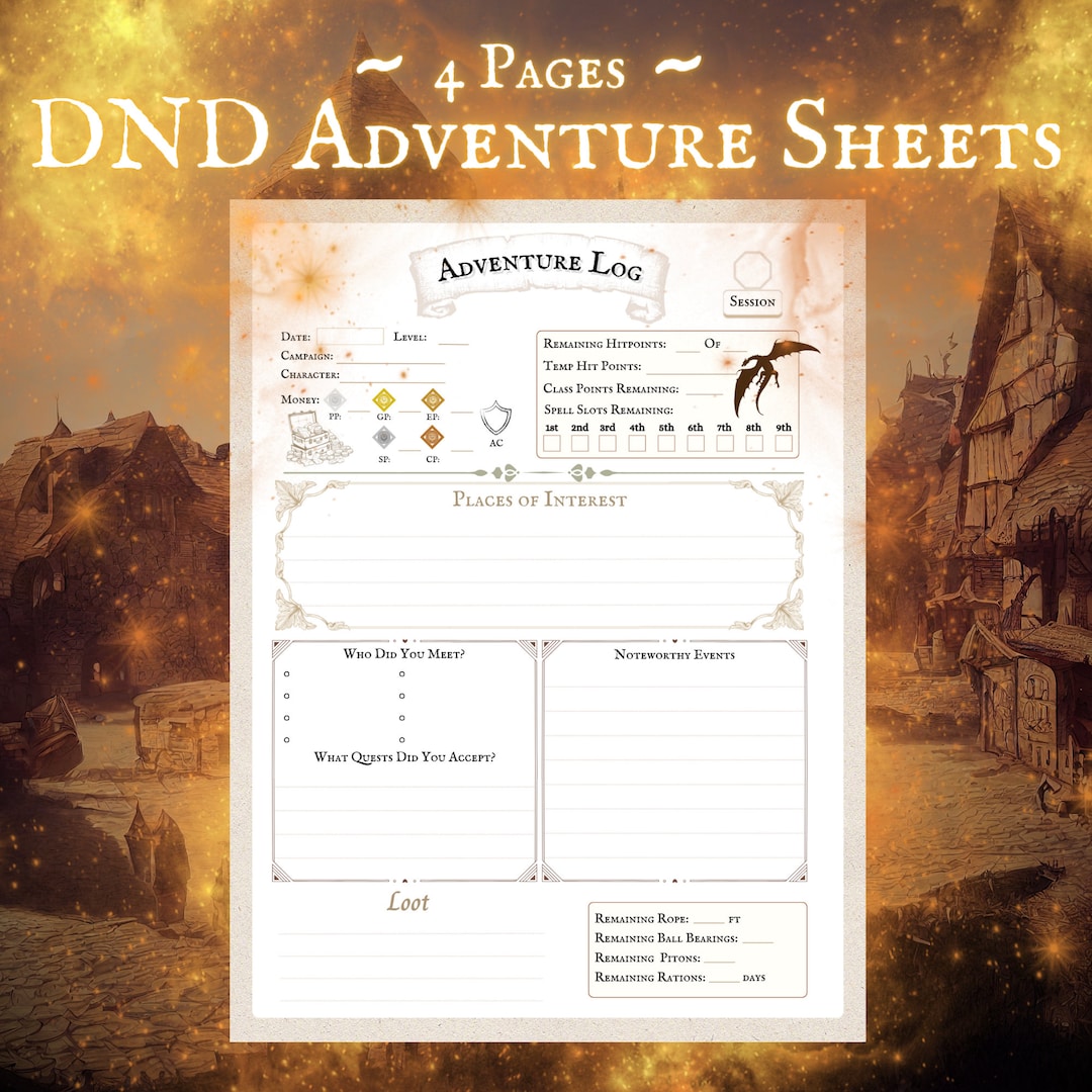 Dnd Adventure Log, Session Summary and Settlement Sheet - Etsy