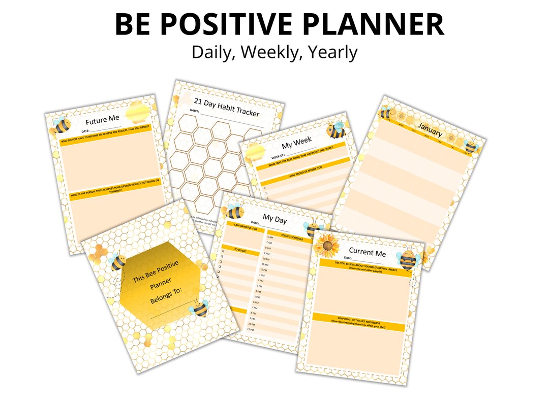 Planner, Daily, Weekly, Monthly, Yearly - Bee Positive Printable - Etsy