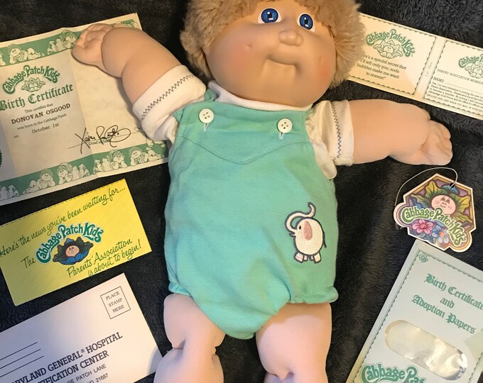 1978 Cabbage Patch Kids Doll Boy Blue Eyes Strawberry Blonde Hair Light Green Elephant Overalls ...