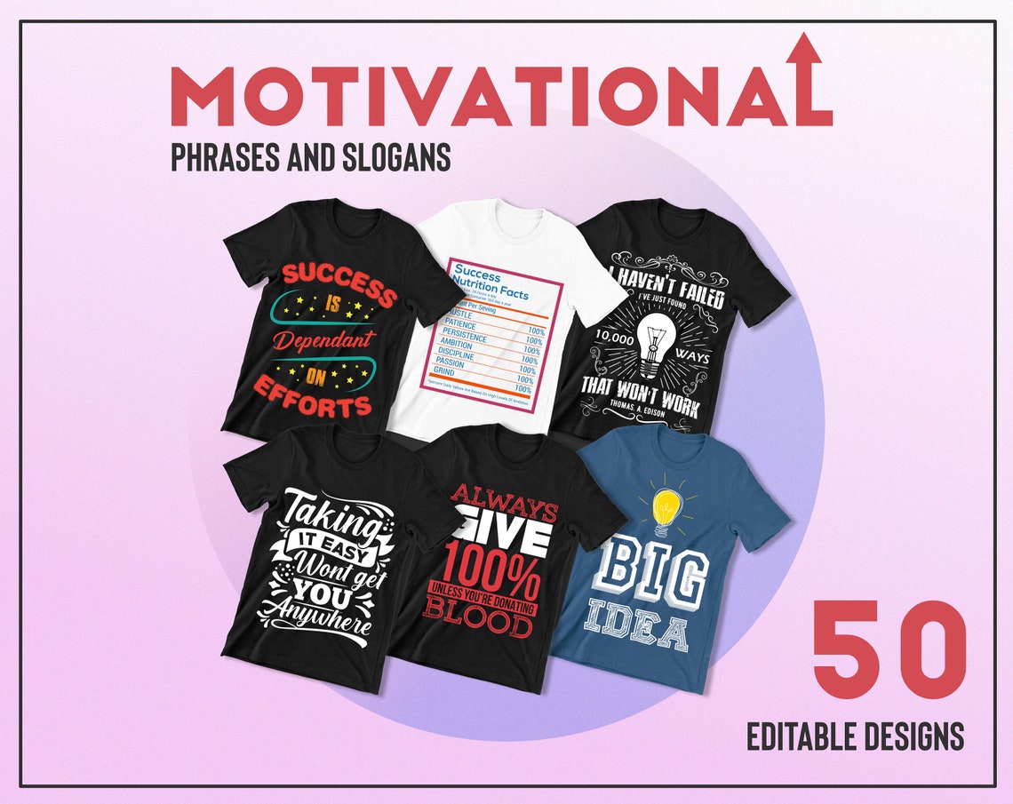 50 Editable Motivational T-shirt Designs Bundle | Phrases Vector Images ...