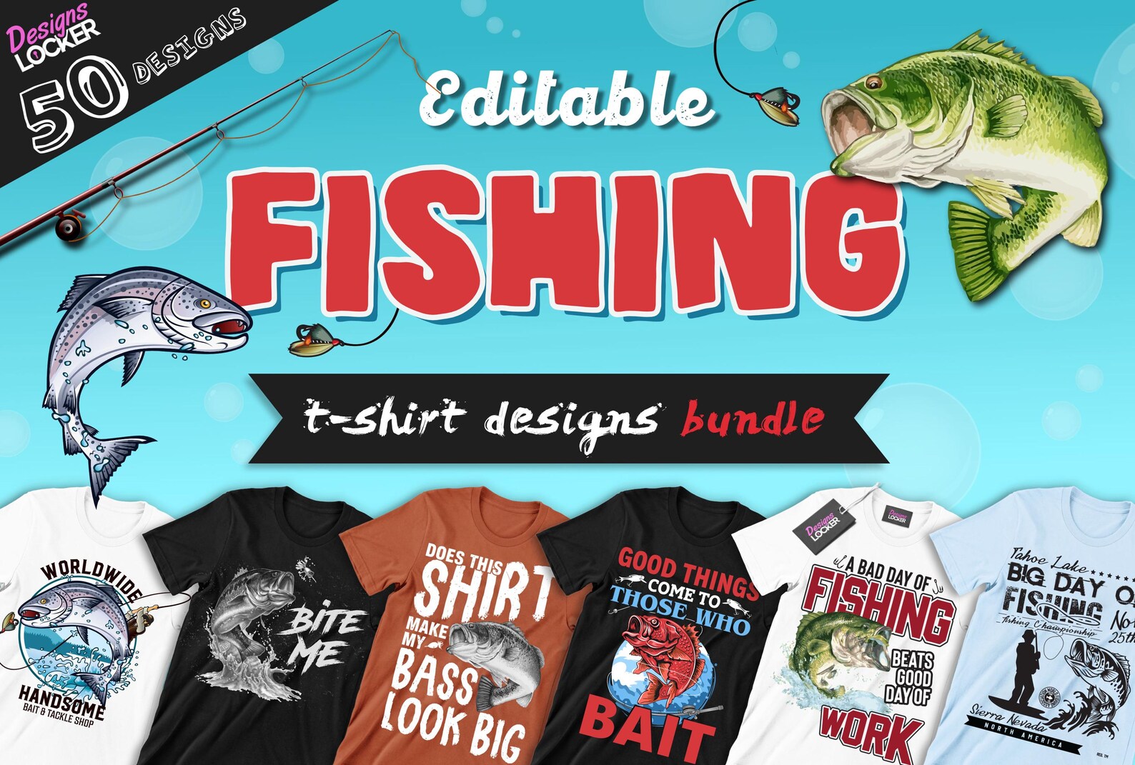 50 Editable Fishing T-shirt Designs Bundle | Fish Vector Images ...