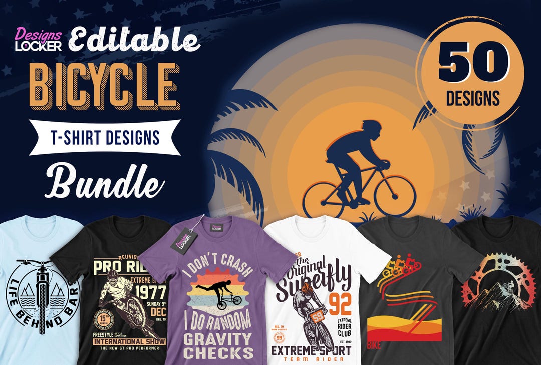 50 Editable Bicycle T-shirt Designs Bundle | Bike Vector Images,cycling ...