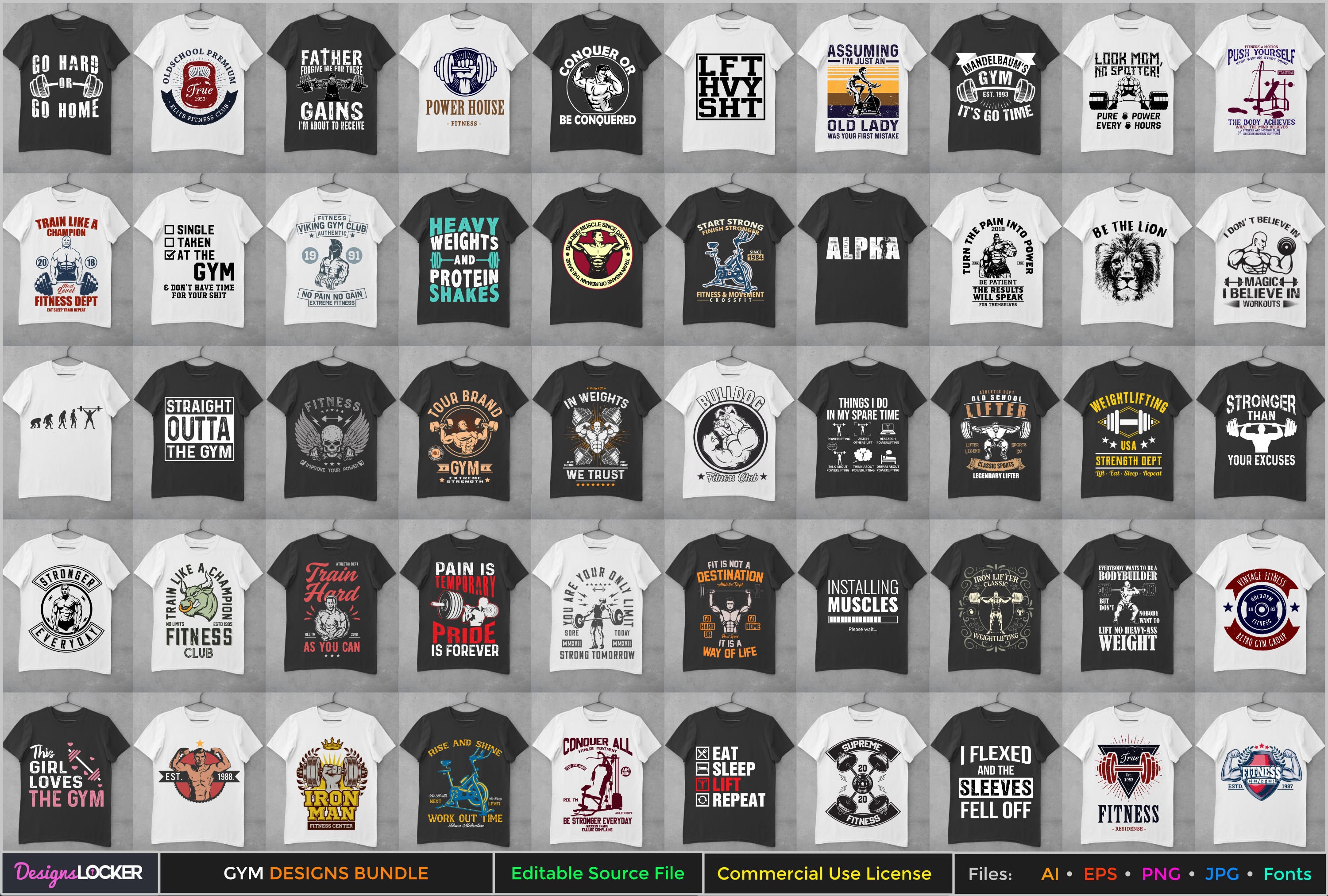 50 Editable Gym T-shirt Designs Bundle | Gym Vector Images,workout ...