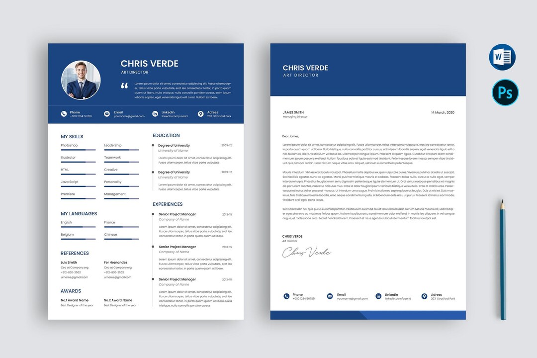 CV Resume Template & Cover Letter | Microsoft Word | Photoshop - Etsy