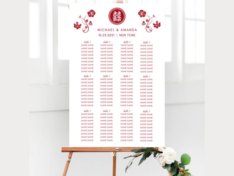 Seating Chart for Chinese Wedding Decor. Double Happiness Sign for ...
