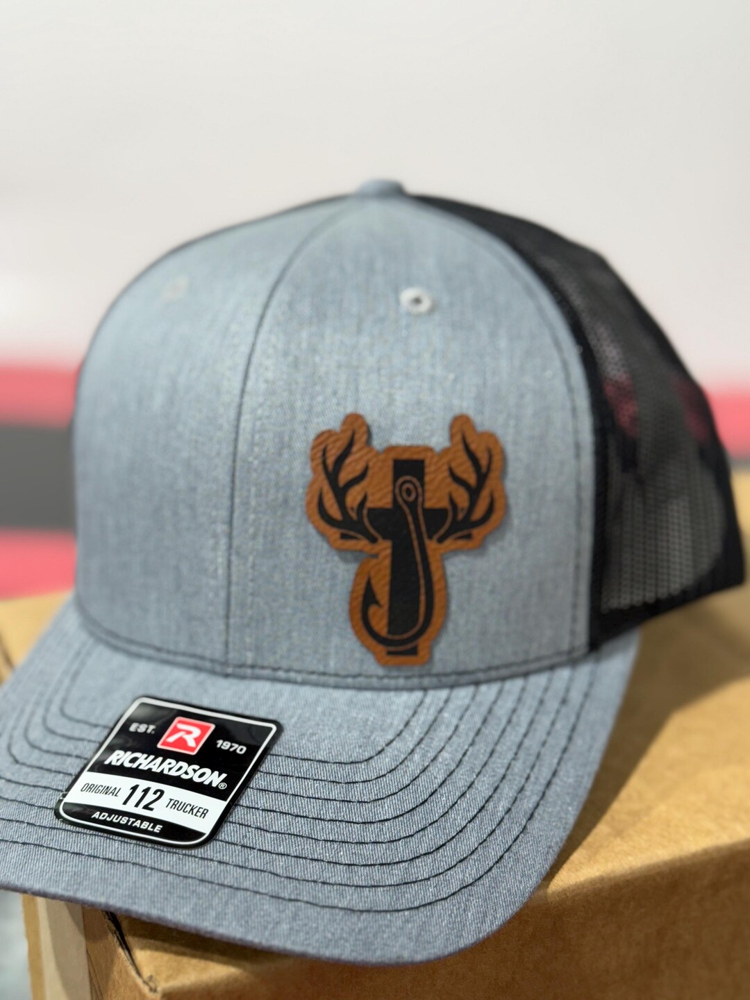 Hunting, Fishing, Cross, Antlers, Fishing Hook, Leatherette Patch Hat ...