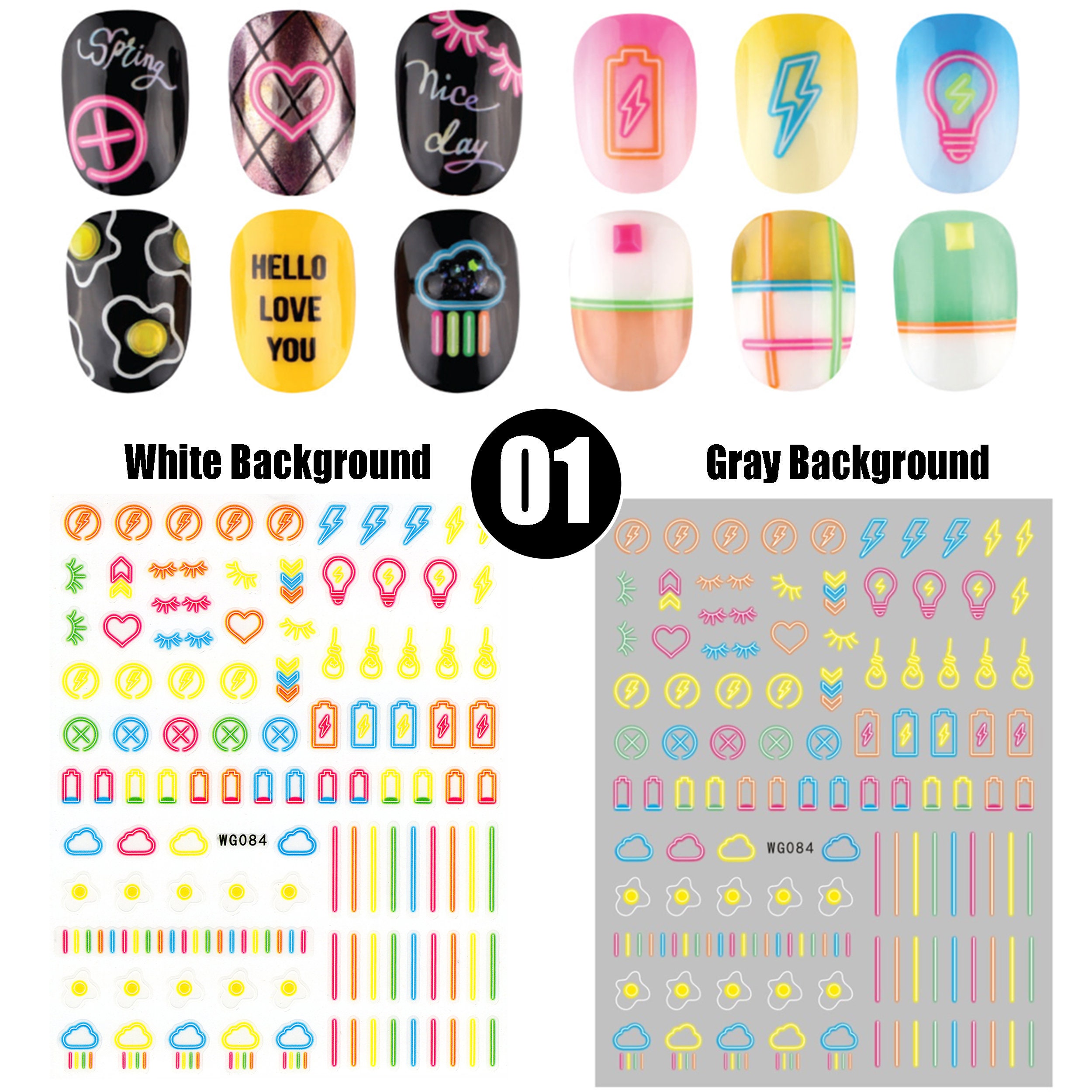 3 Sheets Neon Light Sign Nail Art Stickers | Etsy