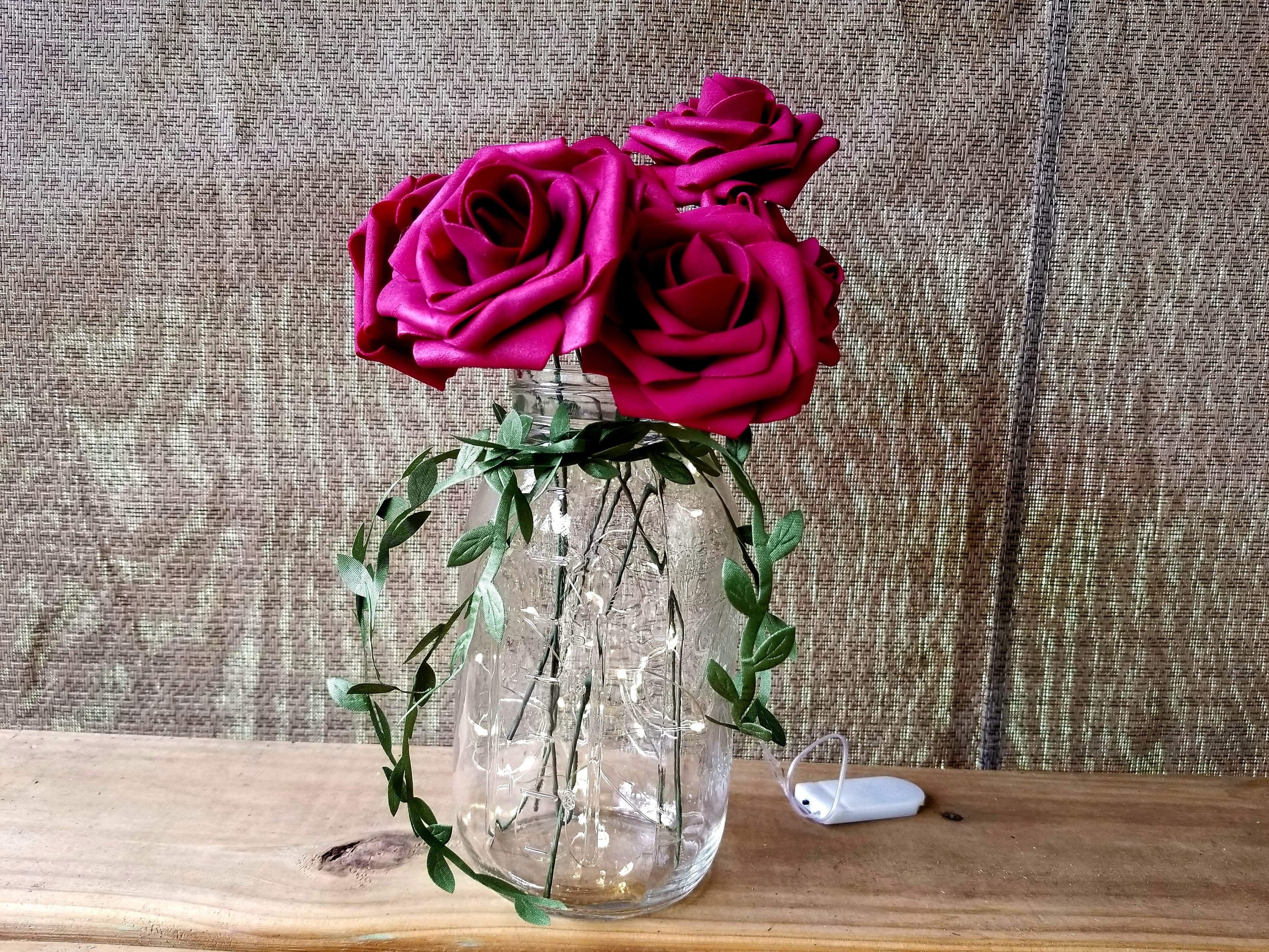 Lighted Mason Jar, Roses, Fairy Lights, Farmhouse Decor, Floral Center ...