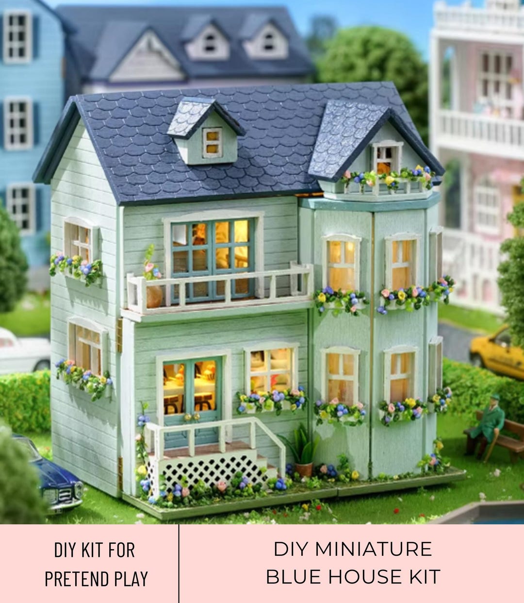 DIY Miniature Blue House Kit, Miniature Dream House, Grandma House ...