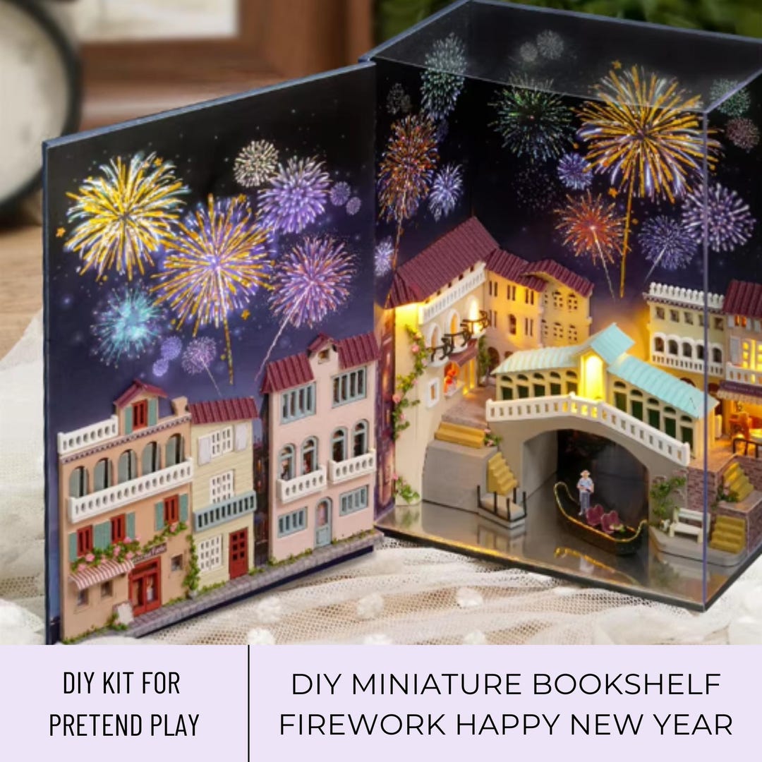 DIY Miniature New Year Fireworks Bookshelf Kit, City Scene With Bridges ...