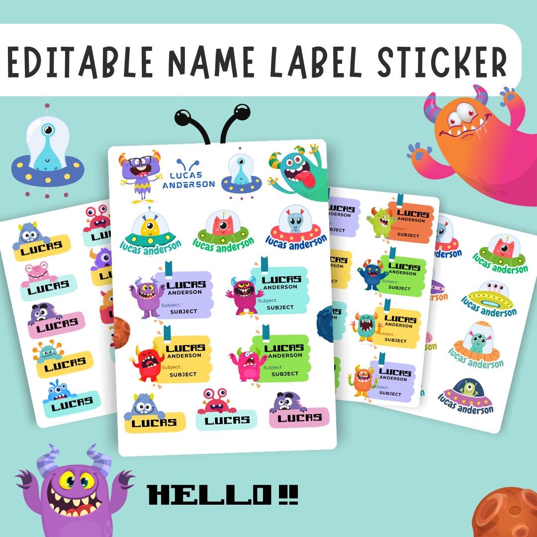 Sticker Name Labels for School, Alien Labels Name Sticker, Boy Sticker ...