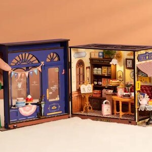 DIY Miniature Blue Tea Room Kit, Wooden Cafe Dollhouse With Elegant ...