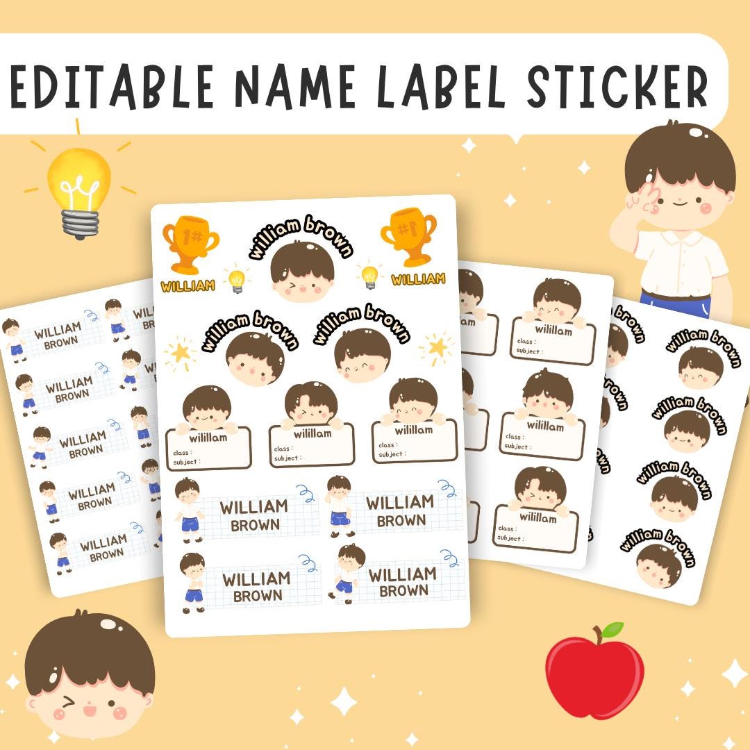 Sticker Name Labels for School, Cute Boy Labels Name Sticker, School ...