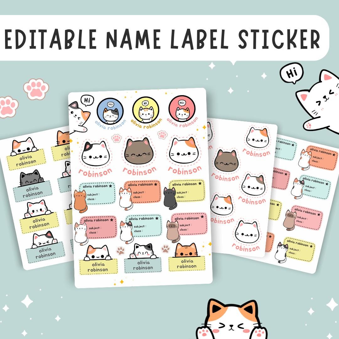 Sticker Name Labels for School, Cute Kitten Labels Name Sticker, Cat ...