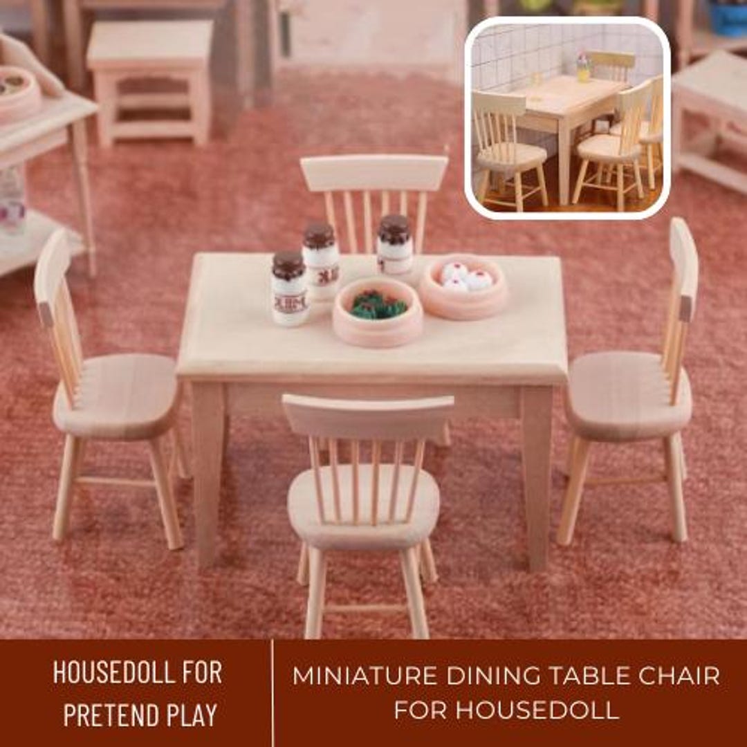Miniature Wooden Dining Table Chair, Dollhouse Furniture for Doll House ...