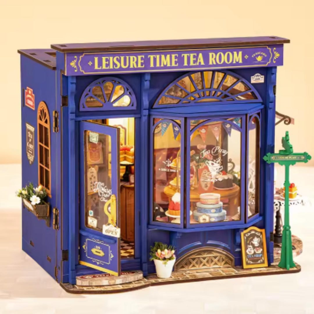DIY Miniature Blue Tea Room Kit, Wooden Cafe Dollhouse With Elegant ...