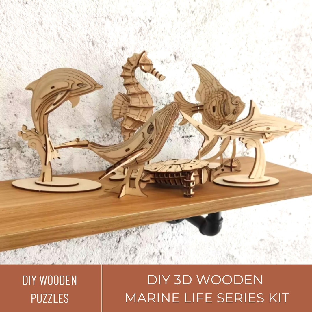 3D Wooden Marine Life Puzzle, Wooden Ocean Series Whale, Dolphin, Shark ...