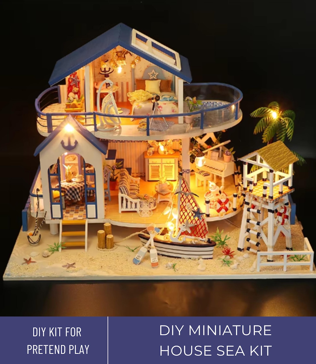 DIY Miniature Blue Seaside House Kit, Miniature House Anchor Decor ...