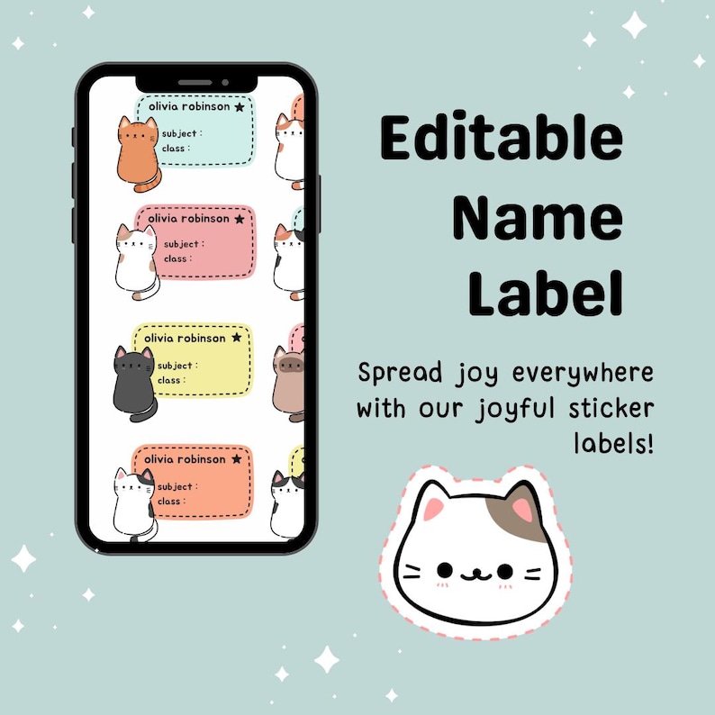 Sticker Name for School | Kawaii Kitten Labels Name Sticker | Cat ...