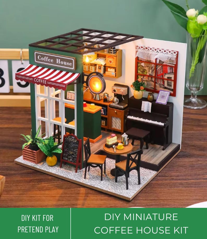 Diy Miniature Coffee Shop Kit | Miniature Coffee House With Piano ...