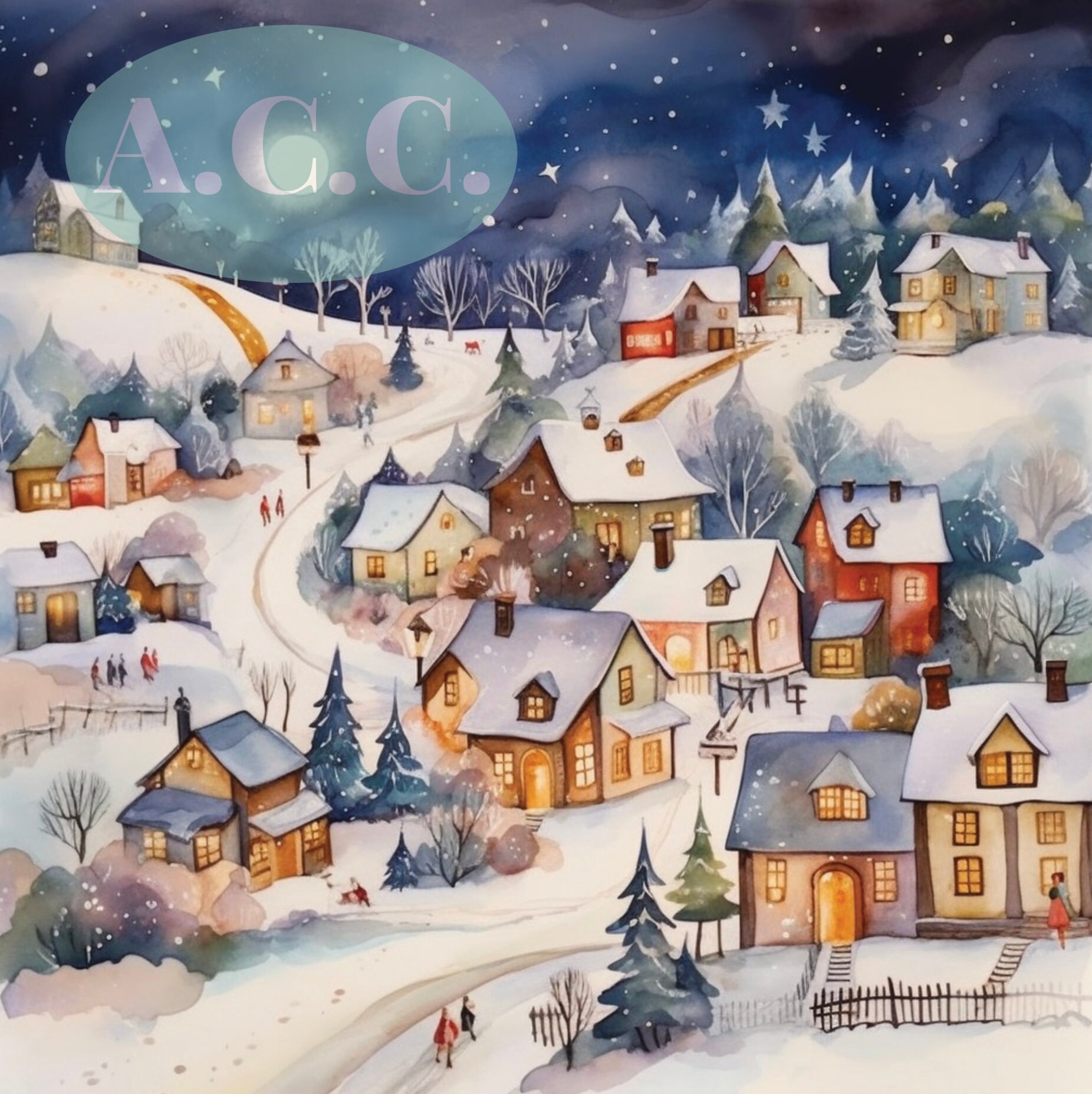 Winter Wonderland Print, Christmas Village Watercolor Painting Festive ...