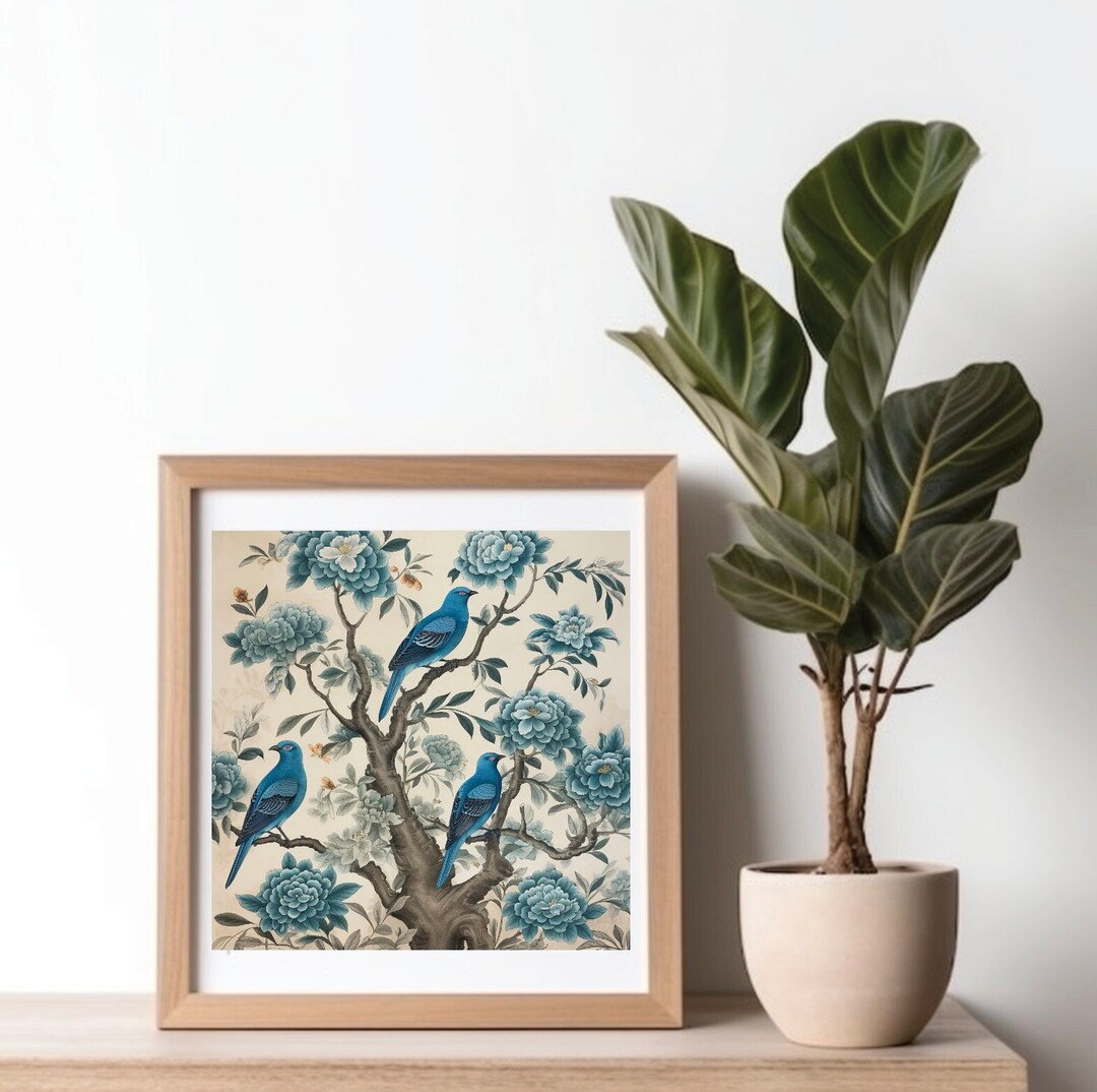 Blue Bird Chinoiserie Art Print – Grandmillennial Floral Wall Decor ...