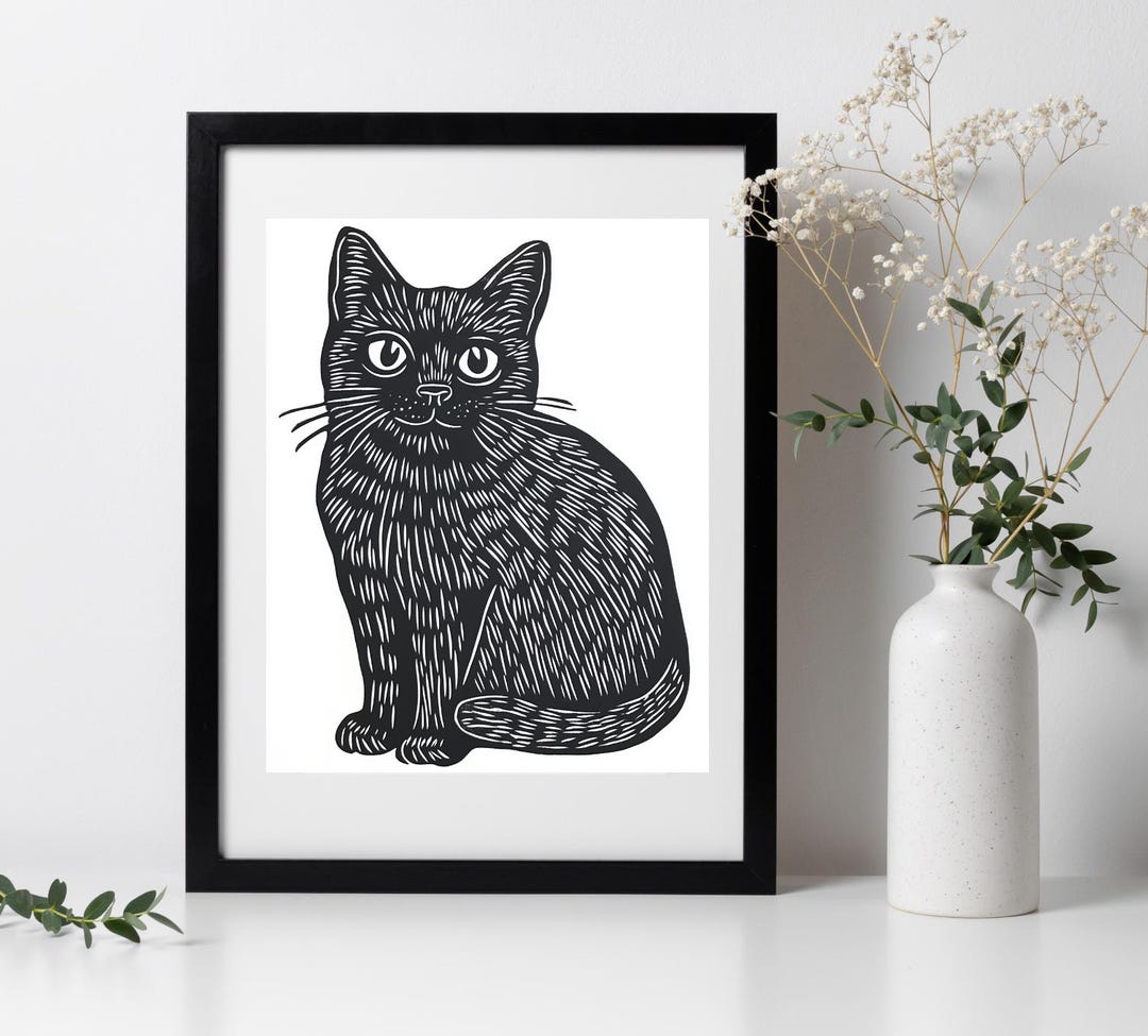 Black Cat Art Print Linocut, Vintage Kitty Wall Art, Linoleum Block ...