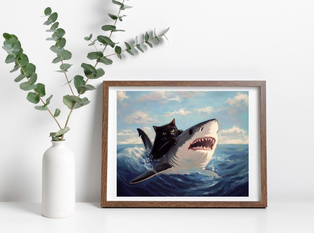 Black Cat Riding Shark in Renaissance Painting Style on Premium Matte ...