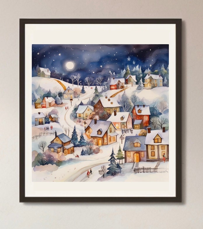Winter Wonderland Print, Christmas Village Watercolor Painting Festive ...