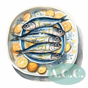 Plate of Sardines Painting, Ink Painting, Seafood Print, Fish Art ...