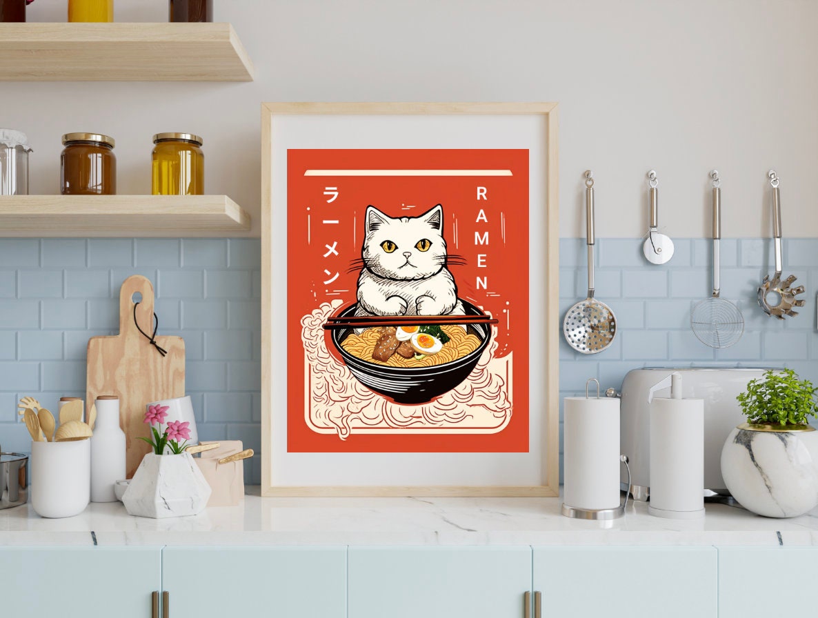 Japanese Ramen Noodle Bowl Cat Art Print Kitchen Wall Illustration ...