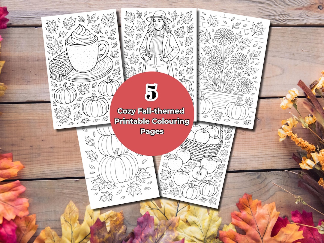 5 Fall Coloring Pages for Adults Digital Printable | Cozy Autumn ...