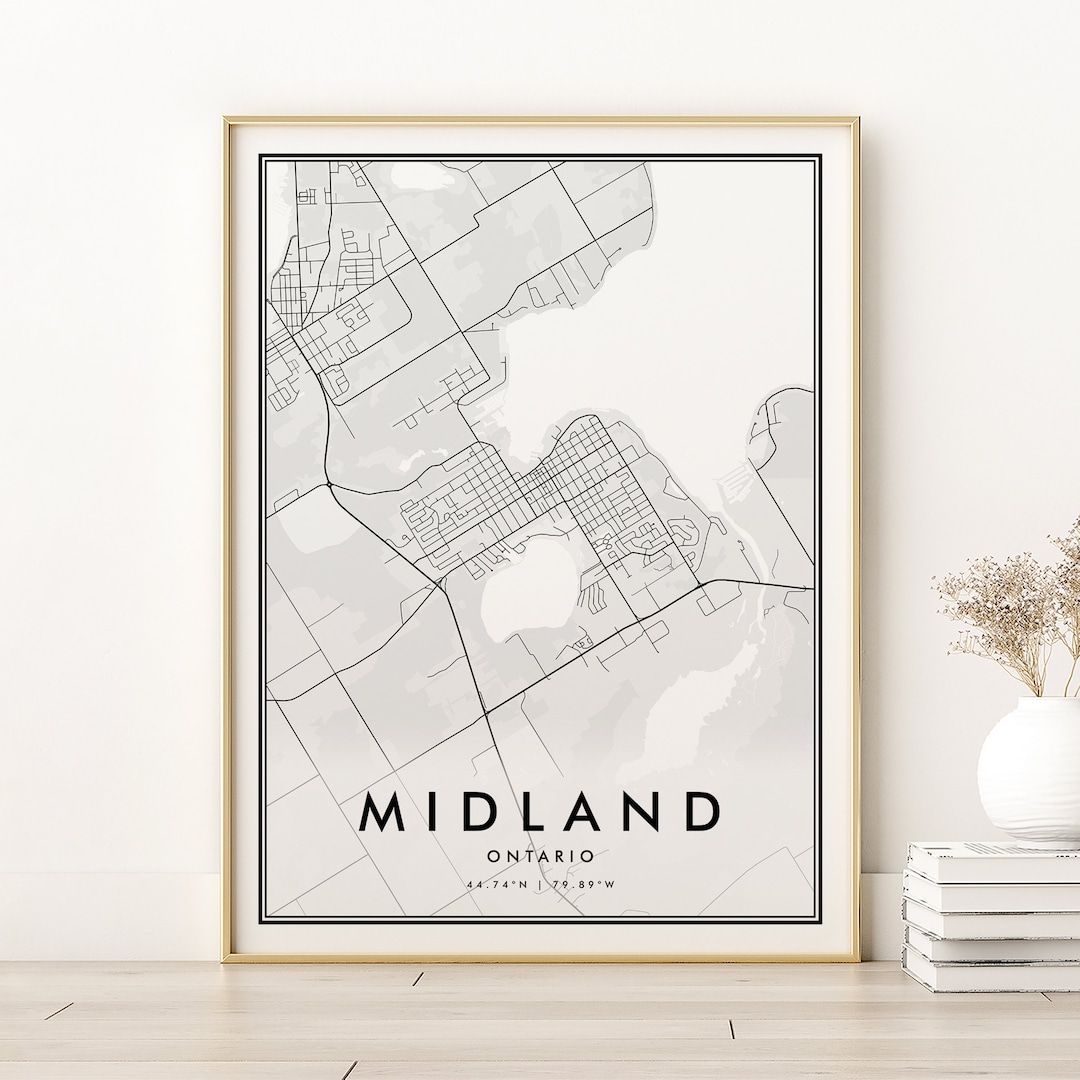 Midland Map Print, mapa de la ciudad en blanco y negro de Ontario ...