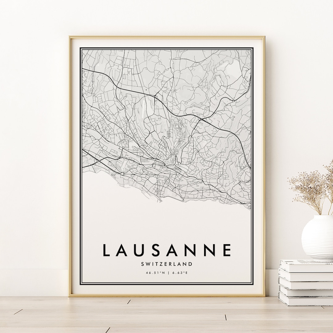 Lausanne Map Print, Lausanne Switzerland City Map, Minimalis Retro Road ...