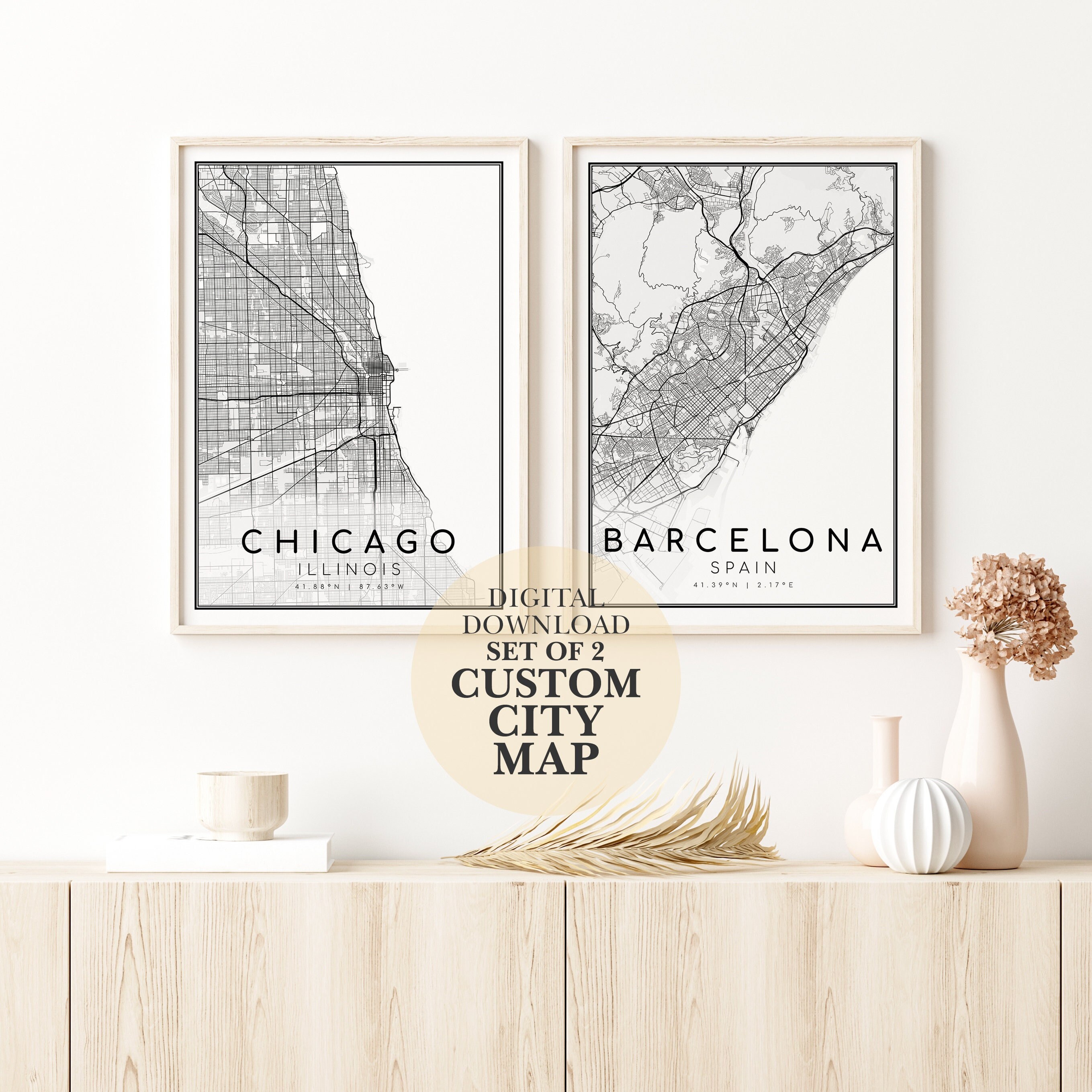Digital Download Set of 2 Custom City Map Printable Wall Art - Etsy