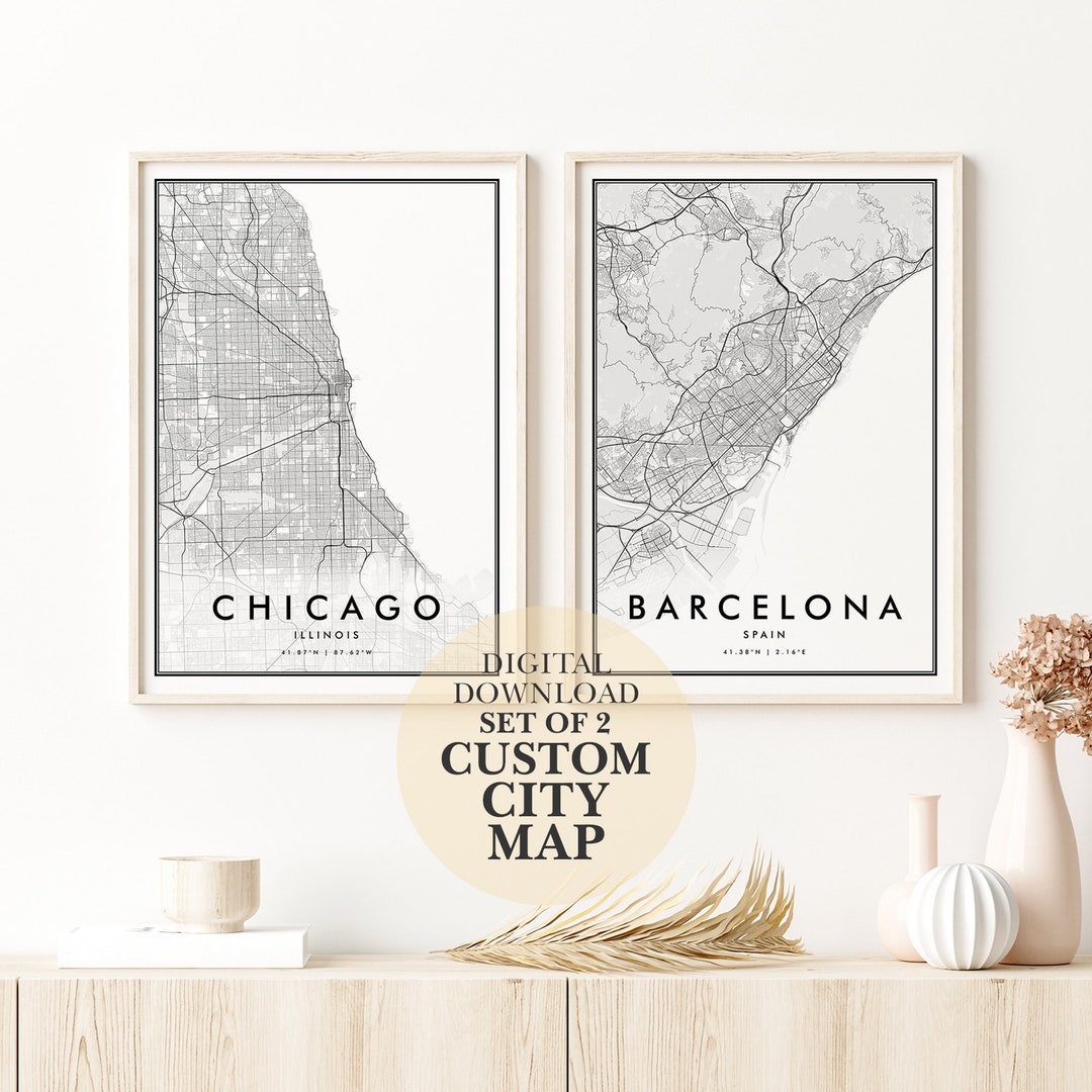 Digital Download Set of 2 Custom City Map, Printable Wall Art, Posters ...