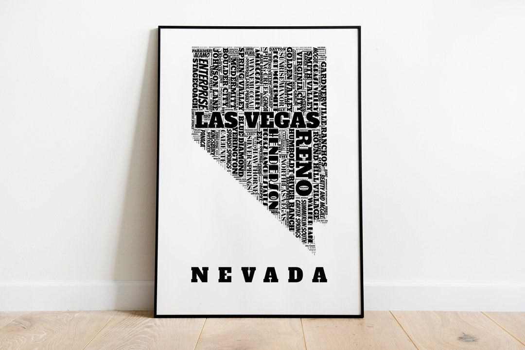 Nevada Typography Map, Nevada State Map, Nevada Word Cloud, Nevada ...